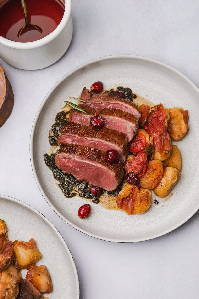 Pan Seared Duck Breast with Cranberry Maple Sauce - Happy Muncher