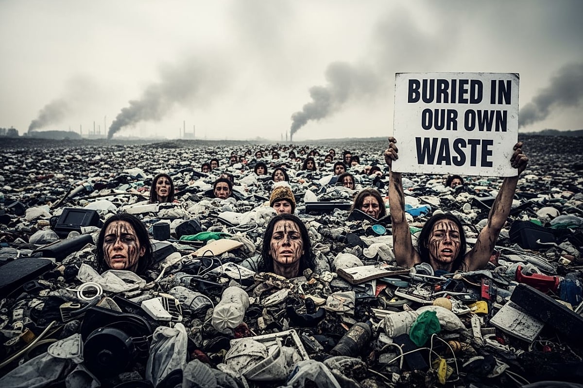 Recycling activists bury themselves in trash to protest waste. - Happy ...